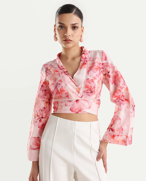 Rareism Women's Moral Pink Cotton Blend Shawl Collar Floral Print Bell